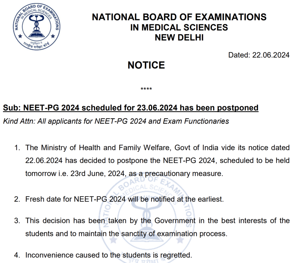 natboard.edu.in Neet Pg 2024 Cancelled : Revised Exam date