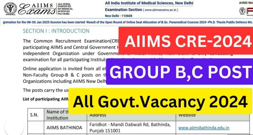 [Recruitment] Aiims Cre 2024 Notification : aiimsexams.ac.in Apply
